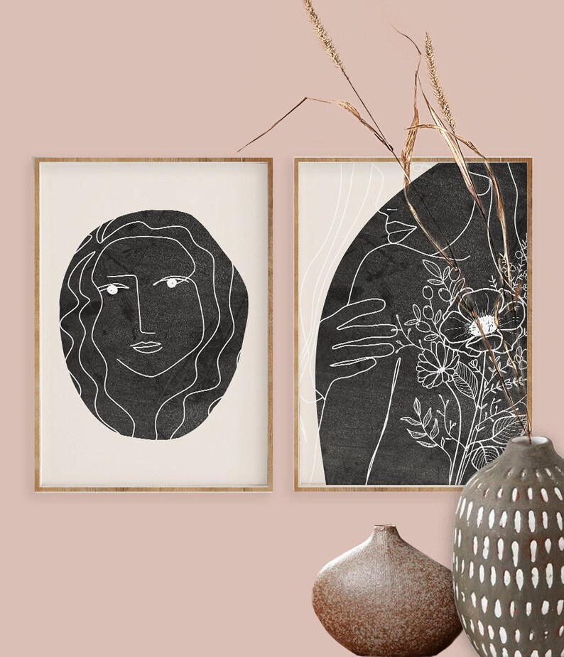 Woman Line Drawing Print Set of 2 Minimal Wall Art Flower | Etsy