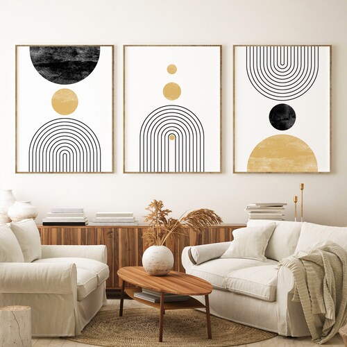 Mid Century Print Set of 2 Mustard Yellow and Black Geometric - Etsy