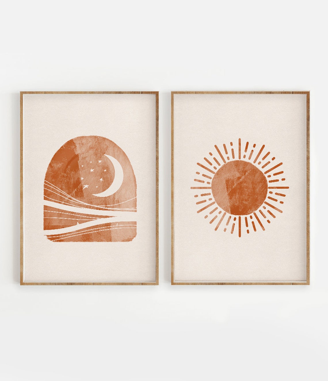 Sun and Moon Print Set of 2, Woodblock Abstract Landscape, Terracotta ...