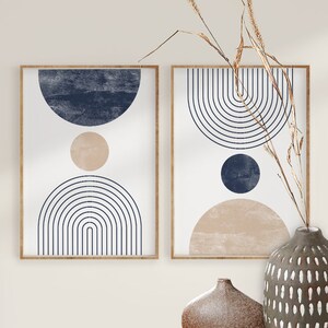 Mid Century Modern Wall Art Print Set of 2 Navy Blue White - Etsy