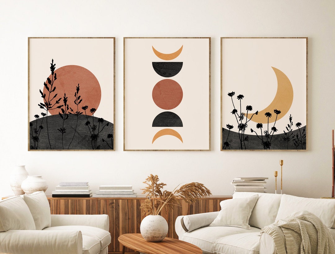 Boho Sun and Moon Print Set of 3, Abstract Landscape, Wild Flowers ...