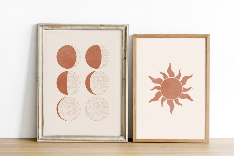 Boho Sun and Moon Phases Print Set of 2 Home Decor Rust | Etsy