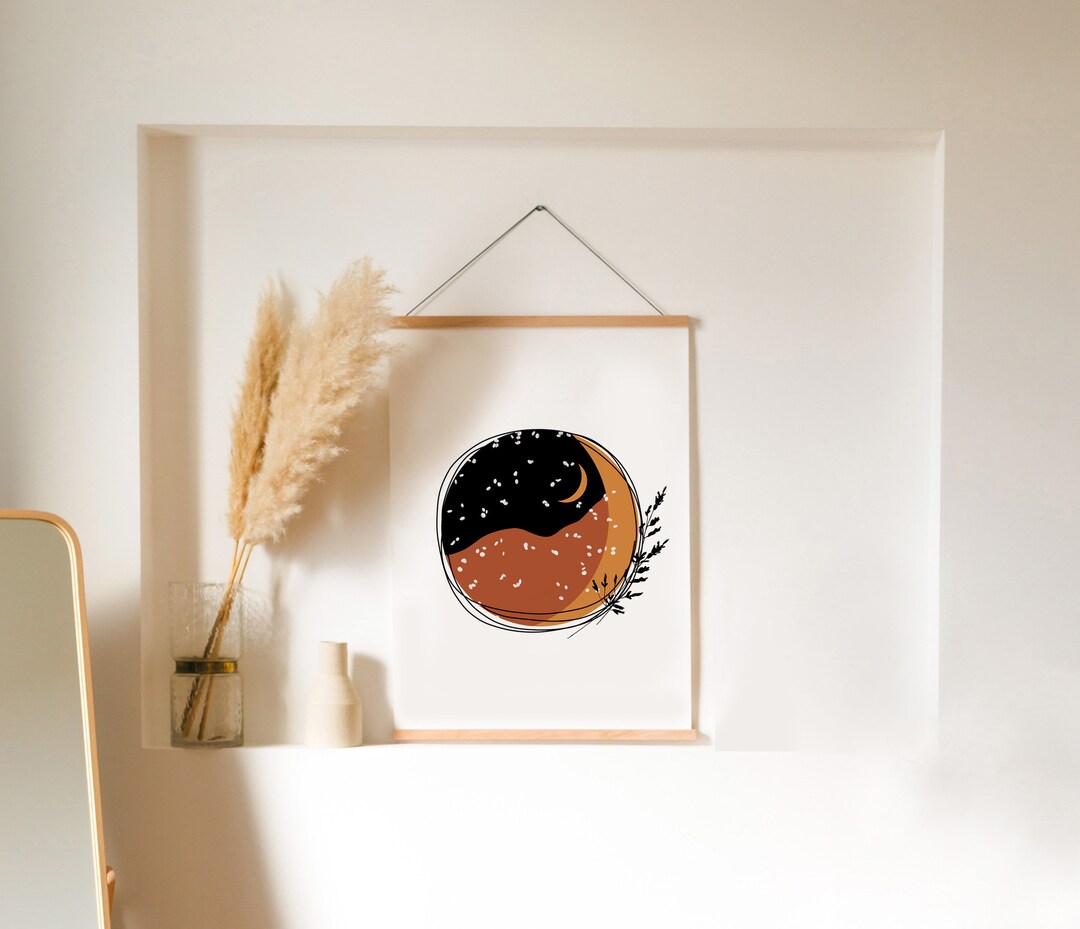 Boho Moon Print, Mid Century Modern Landscape, Moon Phase Terracotta ...