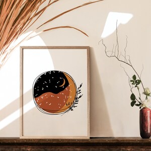 Boho Moon Print, Mid Century Modern Landscape, Moon Phase Terracotta ...