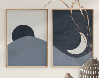 Navy Blue and White Sun and Moon Art Set of 2 Prints, Mid Century Sun and Moon Boho Print Set ...