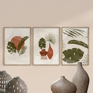 Abstract Botanical Print Set of 3, Boho Botanical Wall Art, Terracotta ...