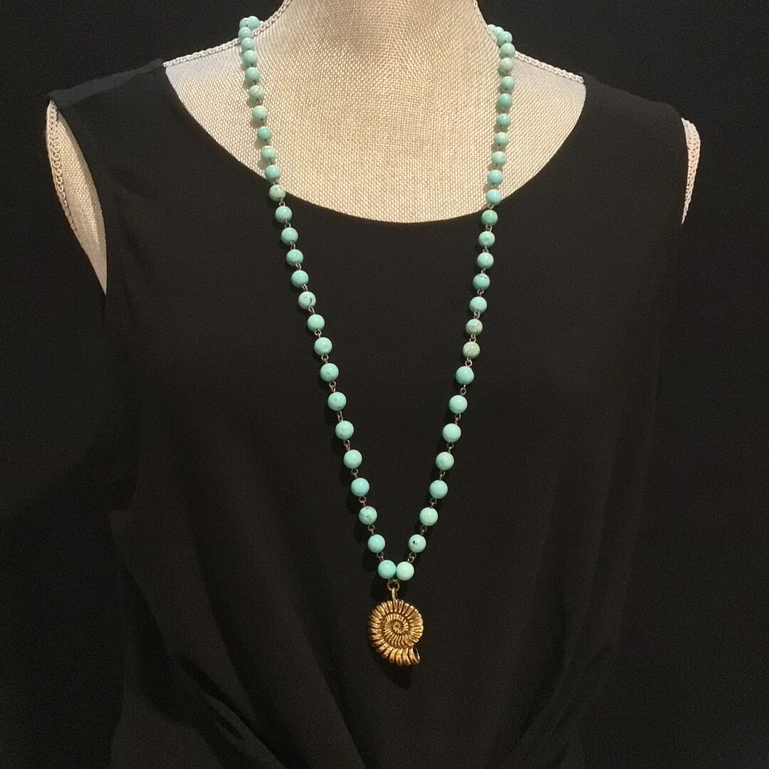 Long Boho Beach Necklace, Gold Spiral Shell Pendant, Amazonite ...