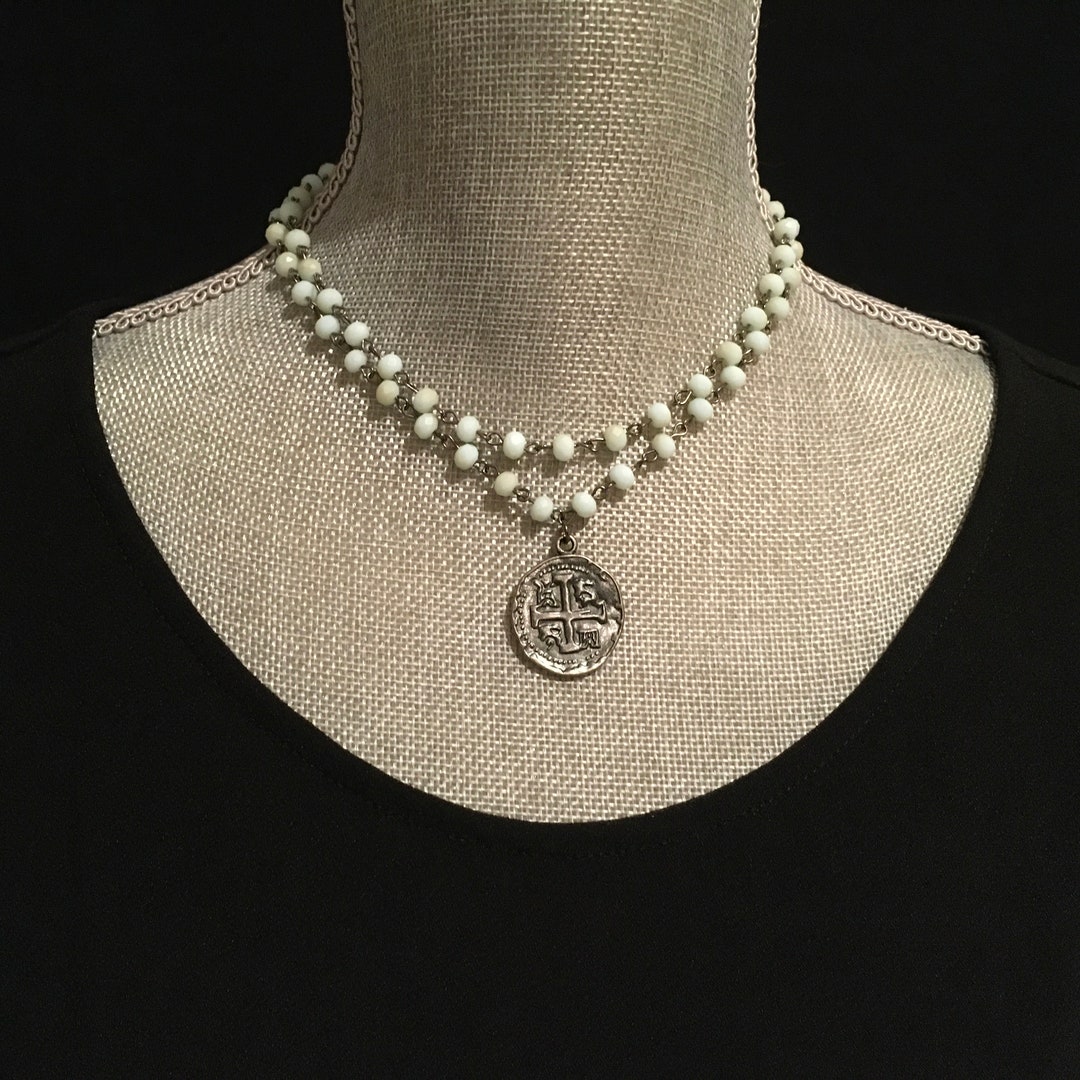 Gunmetal Silver Cross Coin With Rosary Chain Necklace, Boho Black Blue ...