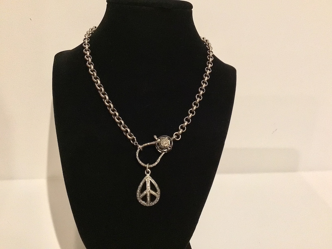 Diamond Peace Sign Pendant Necklace: Oxidized Silver Rolo Chain Choker ...