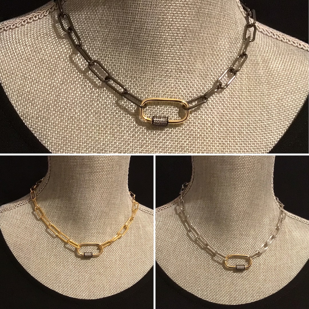 Chunky Paperclip Chain Necklace: Two-tone Pave Carabiner Clasp - Etsy