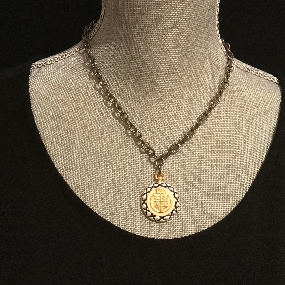 Two-tone French Coin Necklace: Lion Crown Medallion, Gunmetal Chain - Etsy
