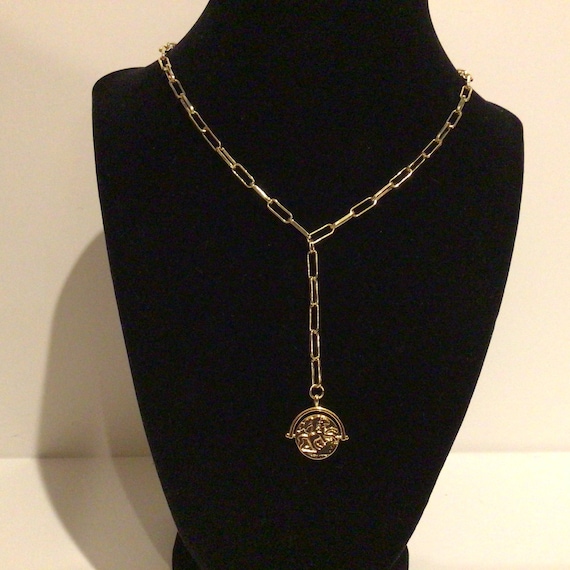 Gold Coin Lariat Necklace 14k gold filled Paperclip chain Y | Etsy