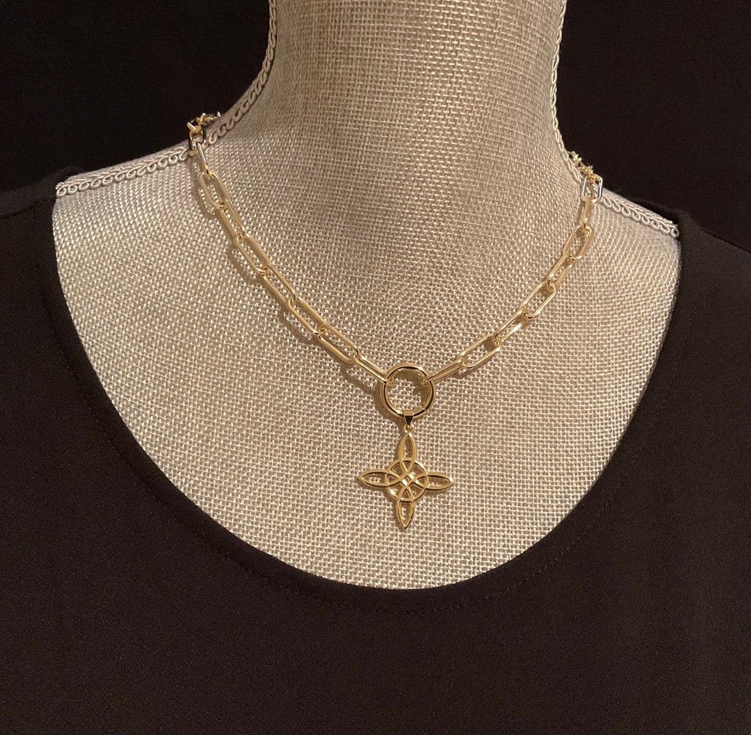 Celtic Cross Necklace, Gold Paperclip Chain Choker, Interchangeable ...