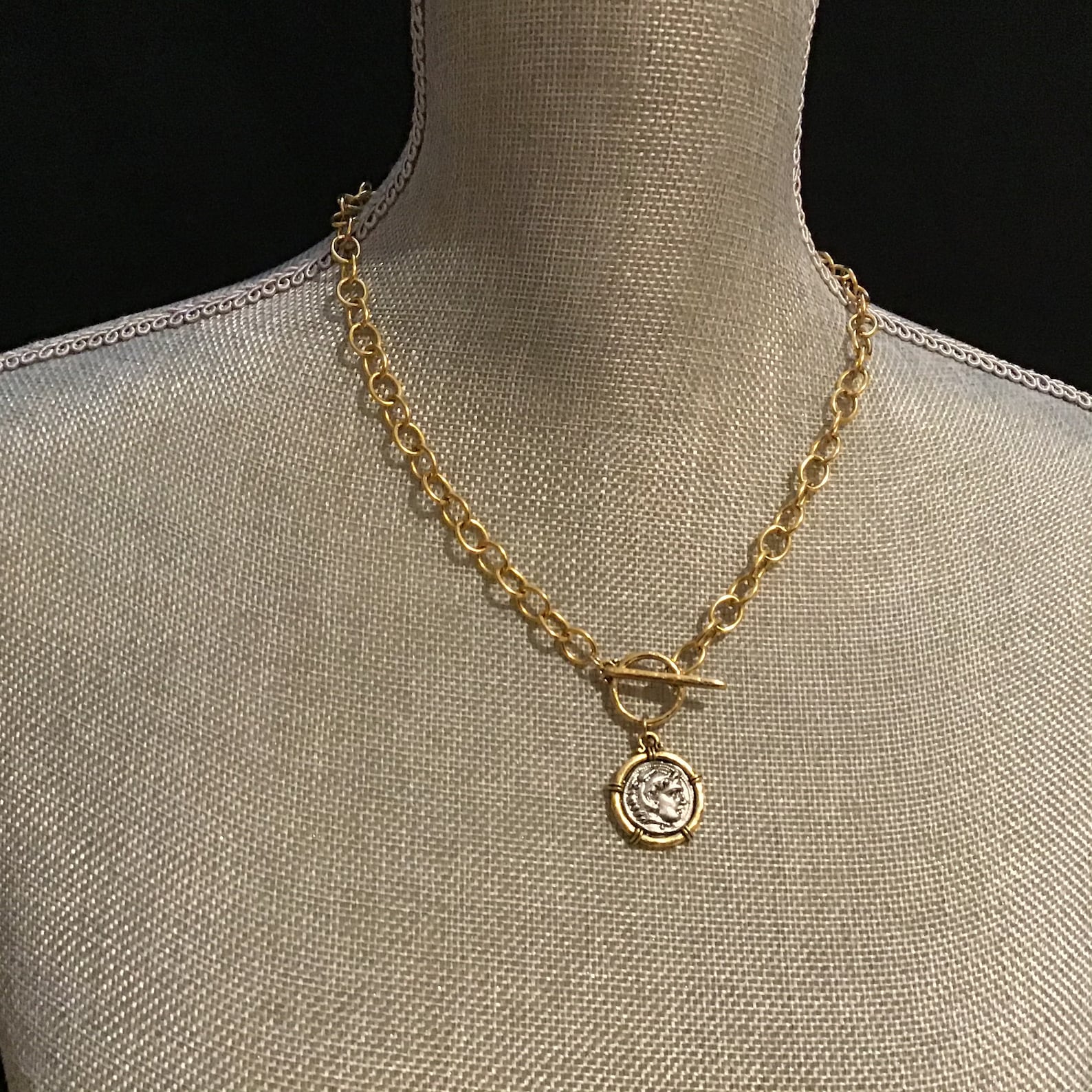 Antique Gold Chain With Greek Coin, Chunky Gold Layering Chain Necklace ...