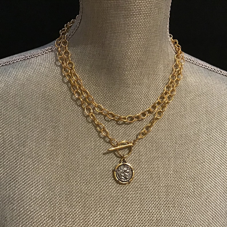 Antique Gold Chain With Greek Coin, Chunky Gold Layering Chain Necklace ...