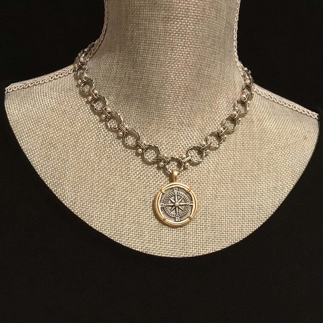 Ancient Greek Compass Coin Necklace: Gunmetal & Silver Chunky Chain - Etsy