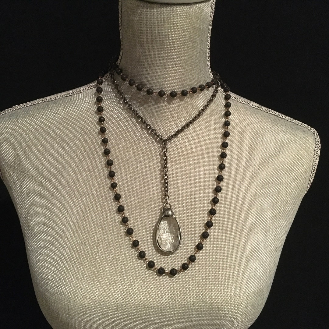 Layered Rosary Necklace Set: Boho Agate & Lava Stone, Gunmetal Lariat - Etsy