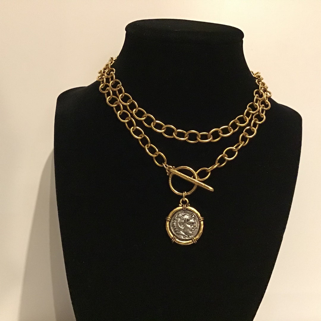 Antique Gold Chain With Greek Coin, Chunky Gold Layering Chain Necklace ...