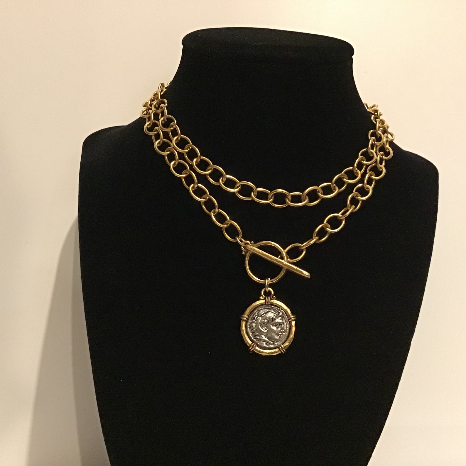 Antique Gold Chain With Greek Coin, Chunky Gold Layering Chain Necklace ...