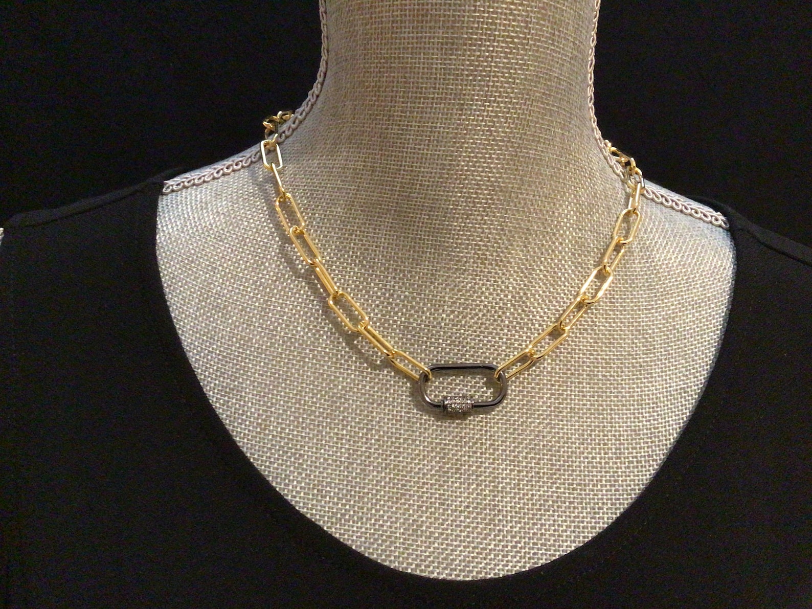 Pave Gunmetal Carabiner Clasp Choker, Silver or Gold Paperclip Chain ...