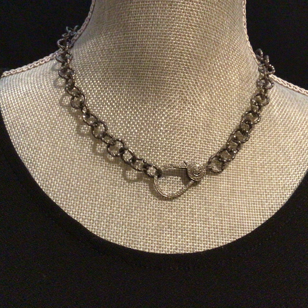 Diamond Clasp Choker: Textured Gunmetal Chain, Sterling Silver Lobster ...