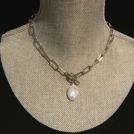 Silver Paperclip Chain Choker with Moonstone silver chunky | Etsy
