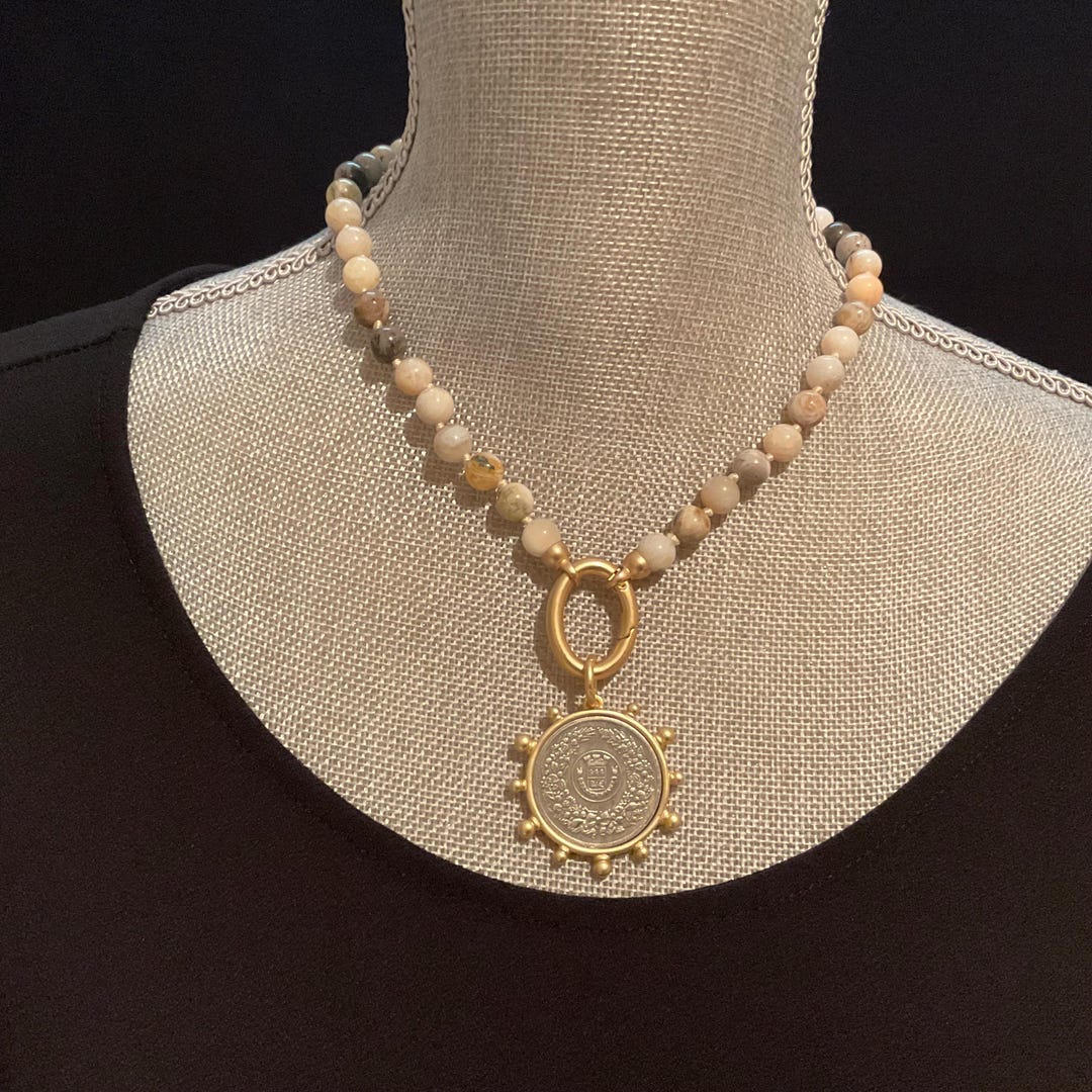 Large Coin Necklace With Agate Bead Chain, Lady Liberty Medallion ...