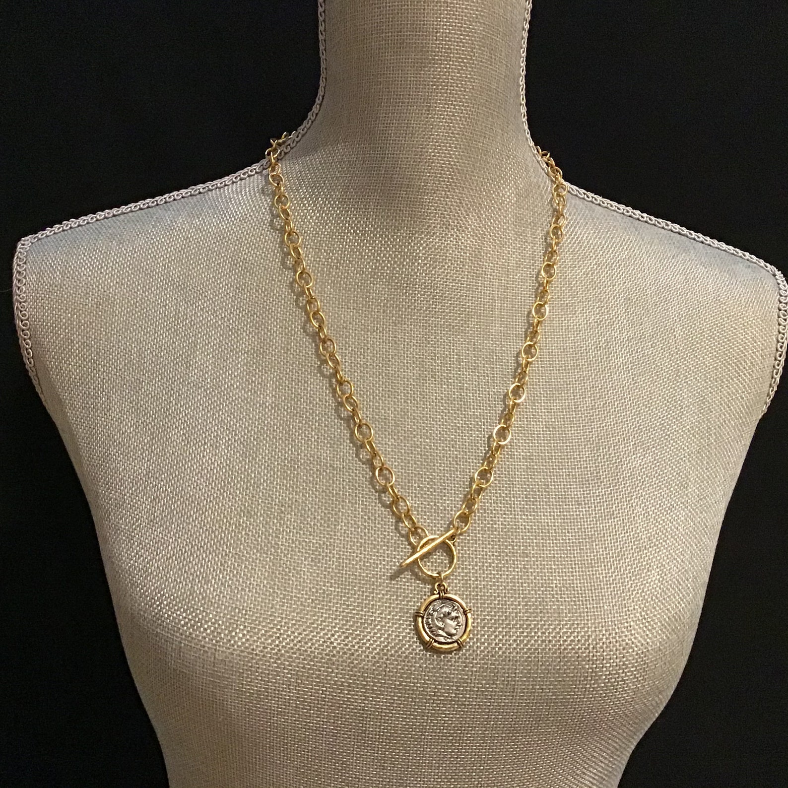 Antique Gold Chain With Greek Coin, Chunky Gold Layering Chain Necklace ...