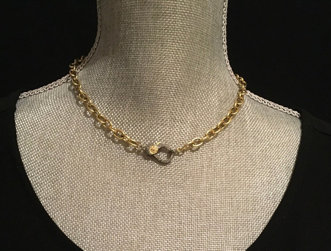 Two Tone Diamond Clasp Necklace, Antique Gold Chain Choker, Diamond ...