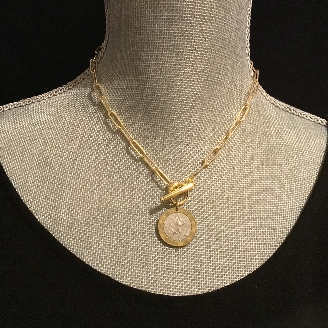 French Franc Coin Necklace With Gold Filled Paperclip Chain and Toggle ...