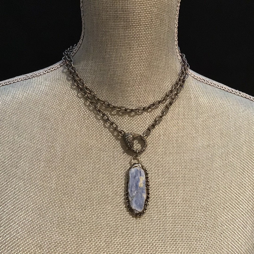 Kyanite and Gunmetal Chain Necklace, Large Pave Lobster Claw Clasp ...