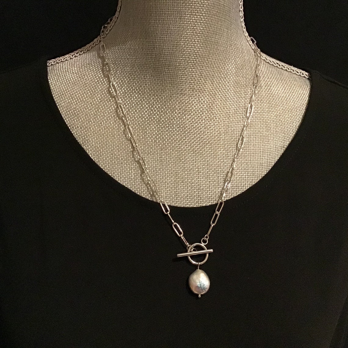 Sterling Silver Paperclip Chain Necklace Baroque Pearl Etsy