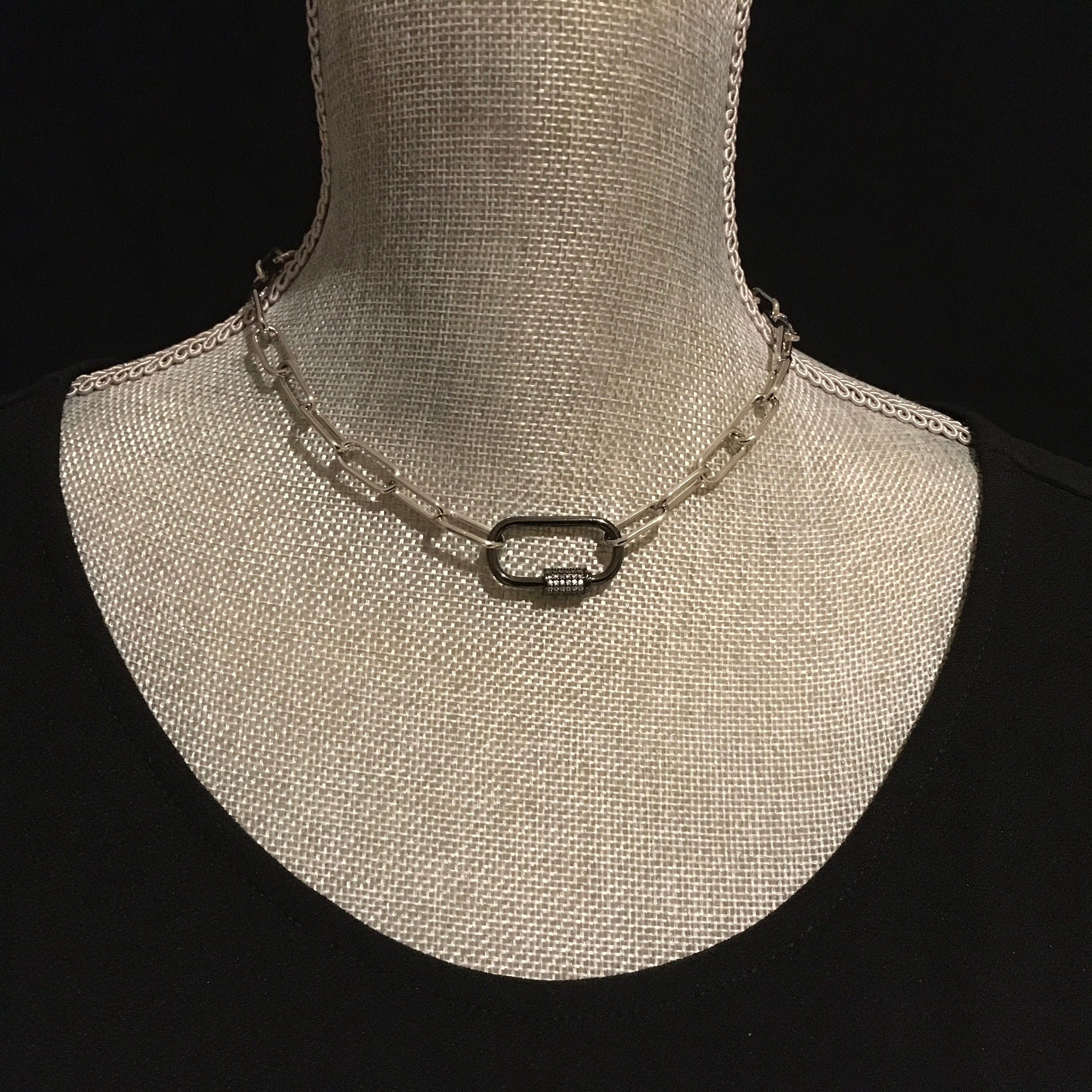 Pave Gunmetal Carabiner Clasp Choker, Silver or Gold Paperclip Chain ...