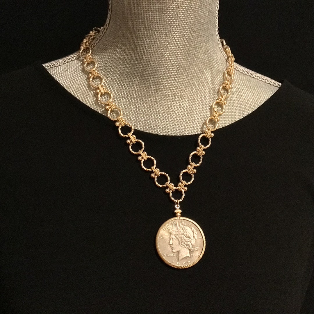 Large Coin Chunky Gold Chain Necklace, Lady Liberty Coin Pendant ...