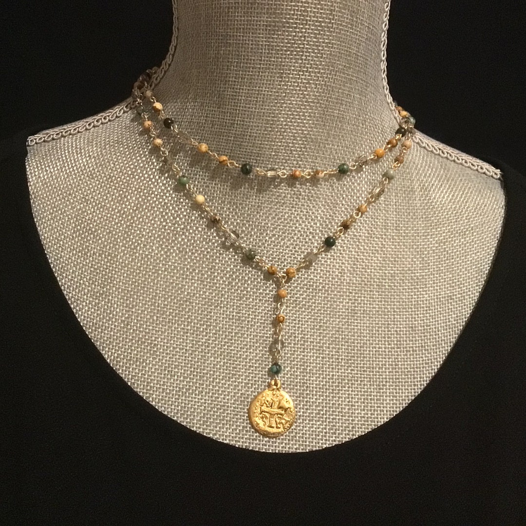 Gothic Gold Cross Lariat, Mixed Bead and Crystal Rosary Lariat, Gold ...