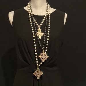 Large Gold Coptic Cross Necklace, Black Bead Rosary, Christian ...