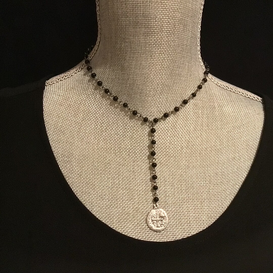 Rosary Chain Lariat With Cross Coin Medallion, Gold Silver, Christian ...