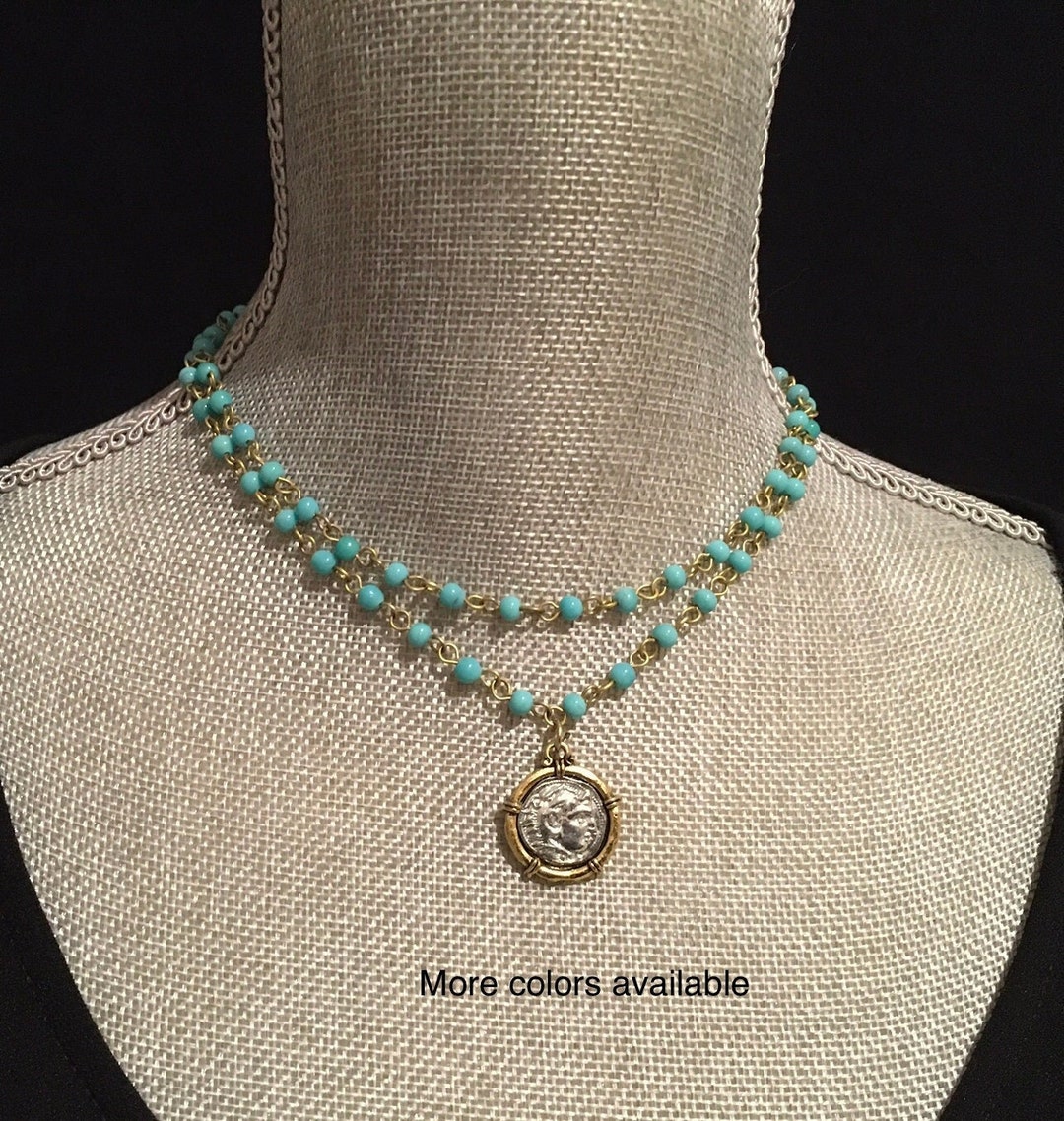 Two-tone Greek Coin Choker: Layered Rosary Chain Necklace - Etsy