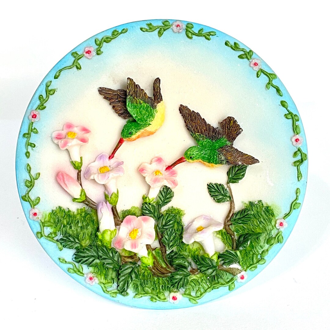 Vintage Hummingbird Decorative Plate Two 3D Hummingbirds Pink Flowers ...