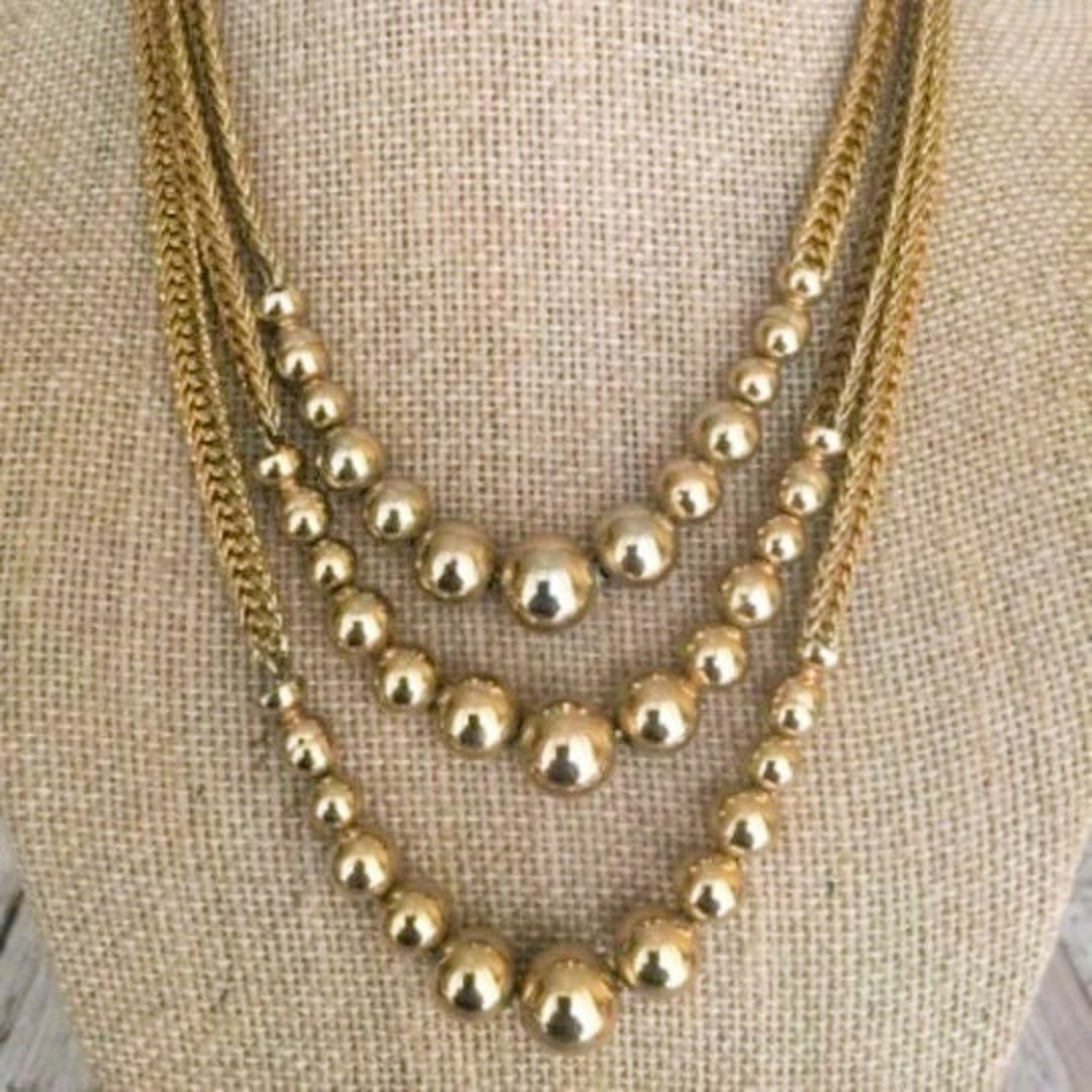 Vintage Monet Triple Chain Gold Tone Necklace Gold Tone Beads Monet 3 ...