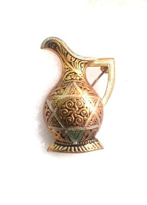 Vintage Damascene Style Pitcher Brooch Ornate Design … - Gem Vintage Damascene Style Pitcher Brooch Ornate Design … - Gem