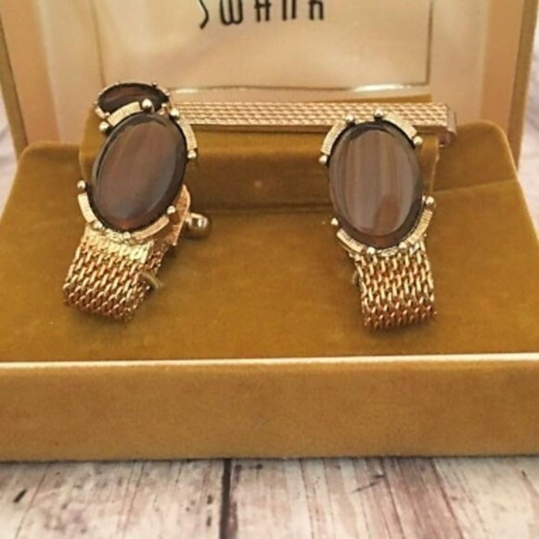 Vintage Set Swank Gold Tone Matching Tie Clip Cufflinks Set Brown Stone ...