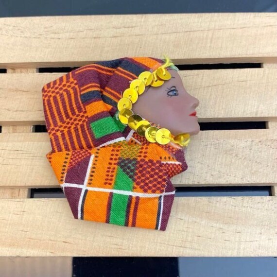 Vintage African Lady Profile Pin Brooch Orange Green … - Gem