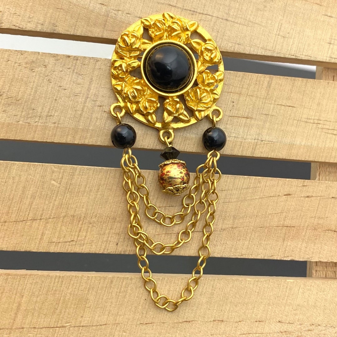 Vintage Liz Claiborne Gold Tone Brooch LCI Black Accents Dangling ...