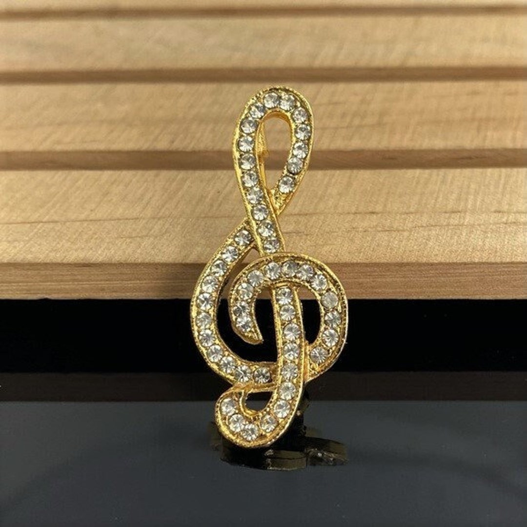 Vintage Treble Clef Brooch Musical Note Pin Music Theme Clear Stones ...