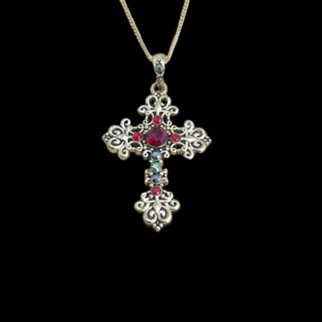 Vintage Cross Pendant Gold Filled Chain Multi Colored Stones Pretty ...