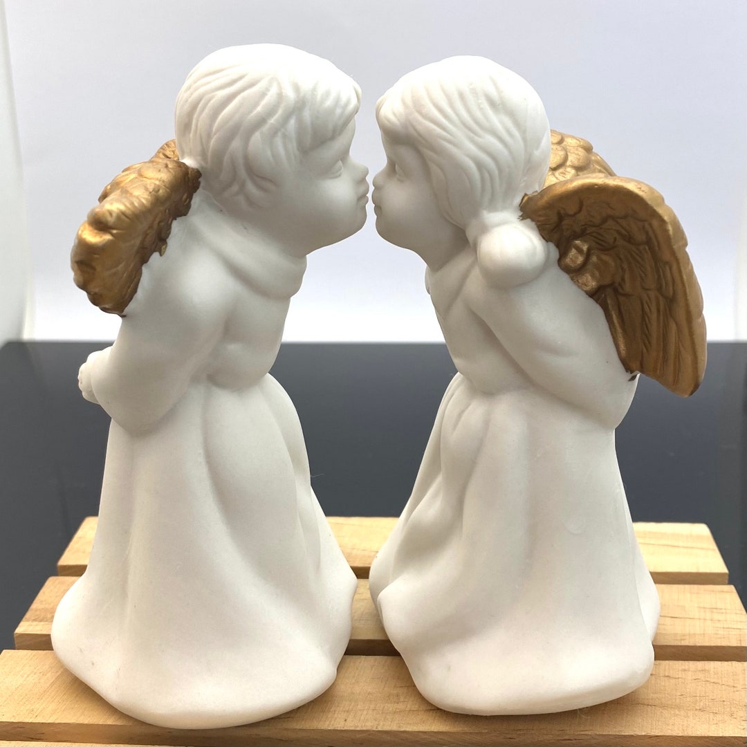 Vintage Kissing Angels Boy Girl Ceramic Angel Figurines White With Gold Wings - Etsy