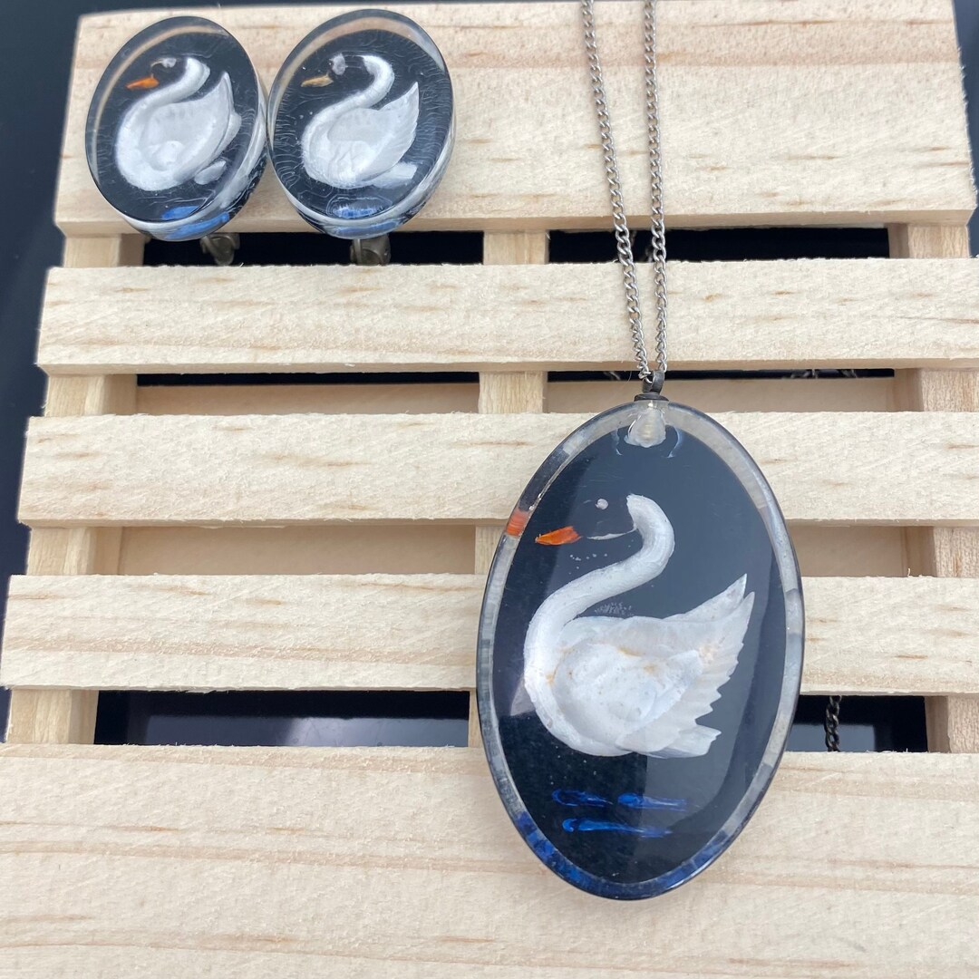 Vintage Jewelry Set Swan Pendant Earrings Set Clip on Earrings Birds ...