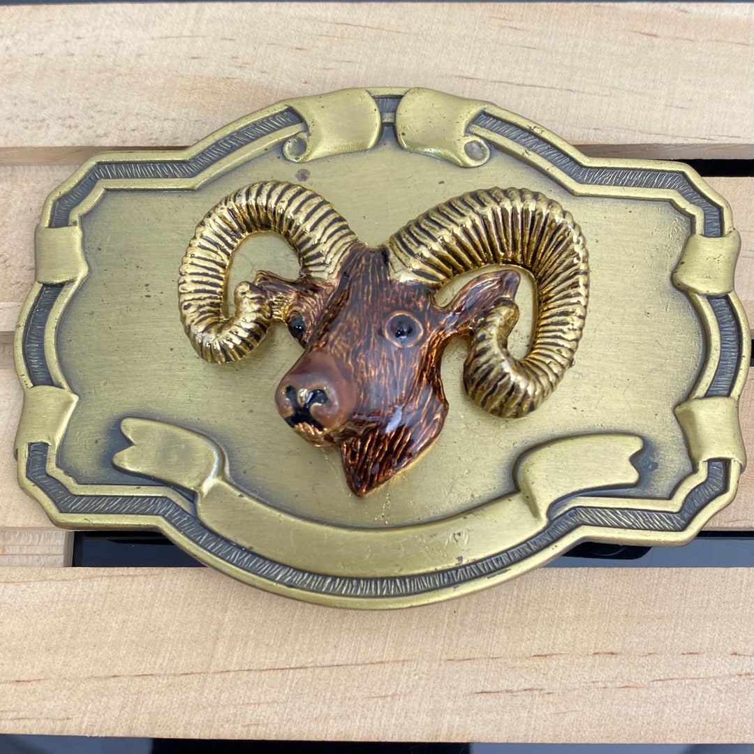 Vintage Big Horn Ram Belt Buckle Brass Tone DIY Leathercraft Projects ...