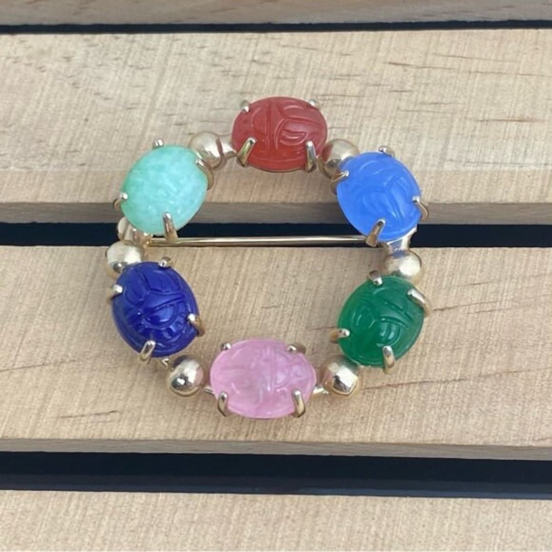 Vintage Scarab Brooch Pin Egyptian Revival Colorful Double Carved Glass ...